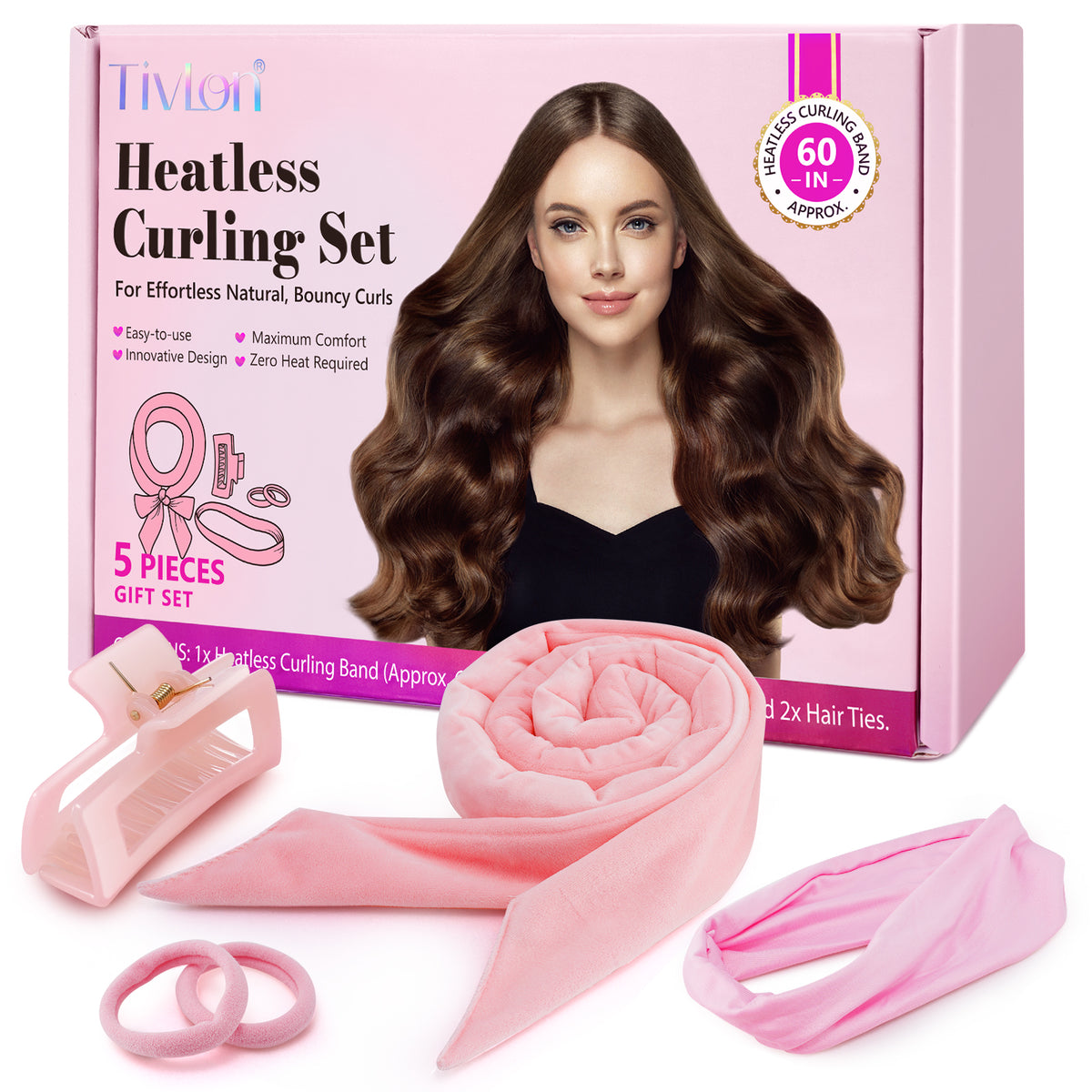 Tivlon 5 Pieces Velvet Fabric Heatless Curling Set-60in Extra Long Hea ...